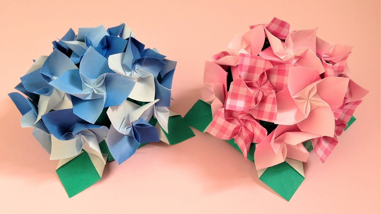 美しい折り紙あじさいの花の立体折り方と作り方を紹介！折り紙の花で6月の飾りを楽しもう Origami Hydrangea flower 3D ...