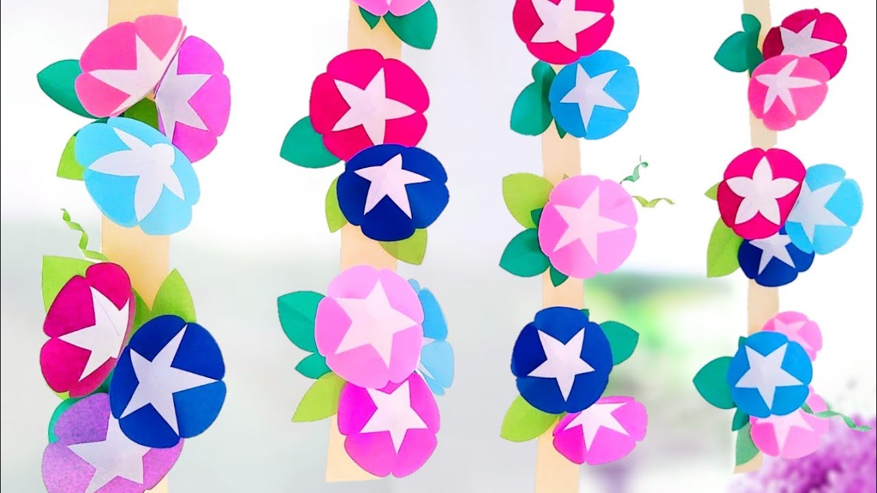 【簡単でおしゃれなDIY】夏の壁面飾りに朝顔の折り紙で彩りを添えよう！作り方動画 DIY paper craft.paper flower ...