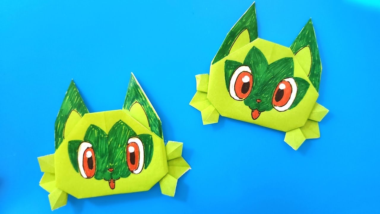 ポケモンキャラクター折り紙「ニャオハ」の簡単な折り方・折り方動画:Pokémon origami Sprigatito | shigeyuki.net